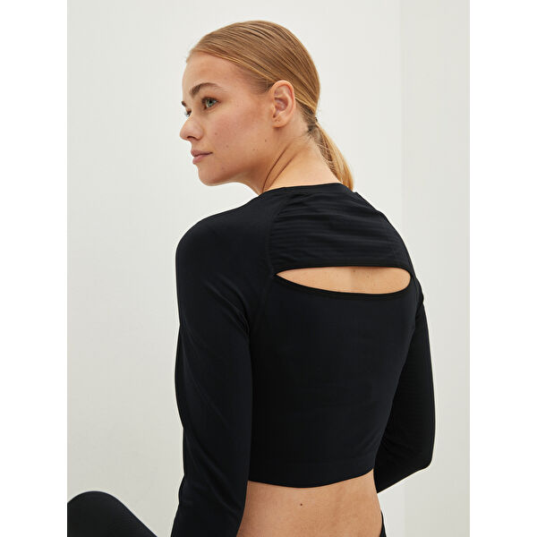 Bisiklet Yaka Düz Uzun Kollu Crop Dikişsiz Kadın Outdoor Tişört