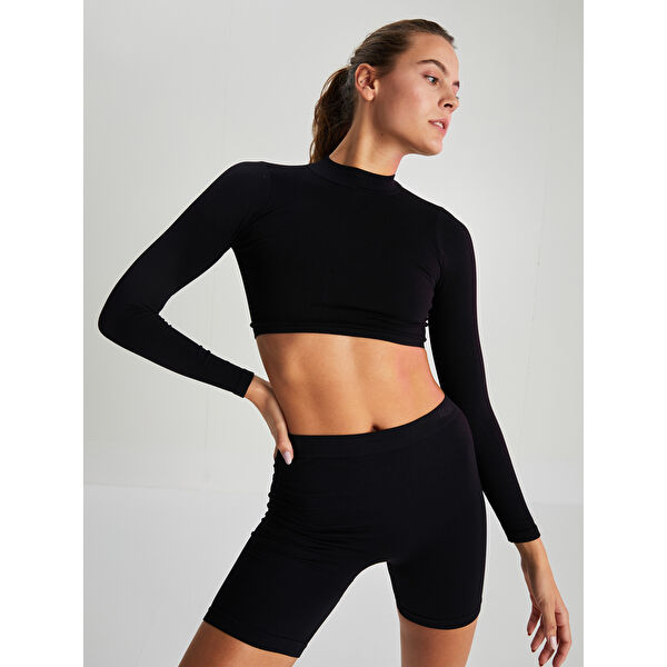 Dik Yaka Düz Uzun Kollu Crop Dikişsiz Kadın Outdoor Tişört