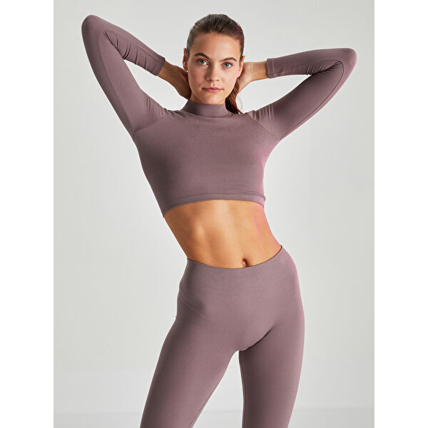 Dik Yaka Düz Uzun Kollu Crop Dikişsiz Kadın Outdoor Tişört