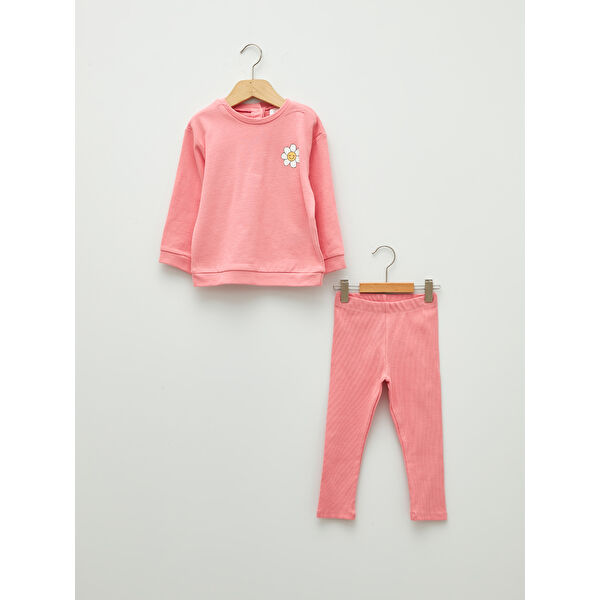 Bisiklet Yaka Uzun Kollu Baskılı Kız Bebek Sweatshirt ve Tayt 2'li Takım