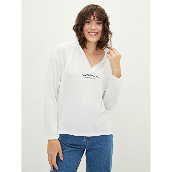 LCW CASUAL Kapüşonlu Slogan Baskılı Uzun Kollu Kadın Sweatshirt