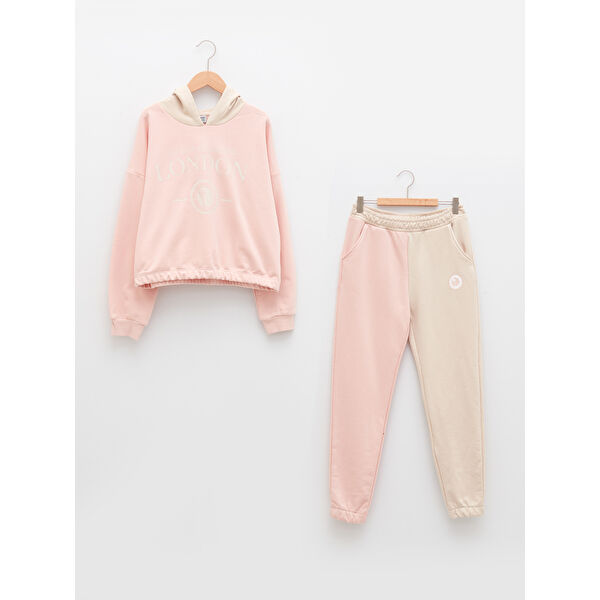 Kapüşonlu Baskılı Uzun Kollu Oversize Kız Çocuk Sweatshirt ve Eşofman Altı