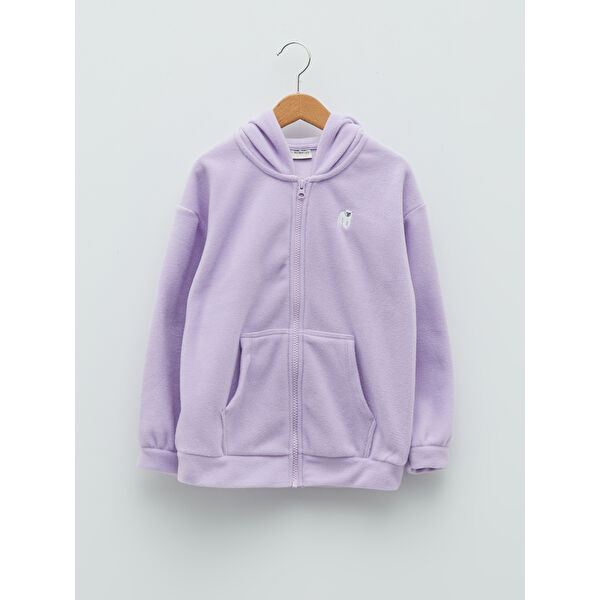 Kapüşonlu Nakış Detaylı Uzun Kollu Polar Kız Çocuk Fermuarlı Sweatshirt