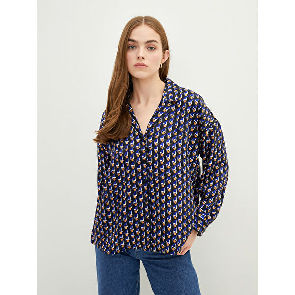 Önden Düğme Kapamalı Desenli Uzun Kollu Kadın Gömlek