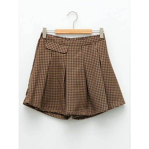 Ekose Desenli Gabardin Kız Çocuk Şort Etek