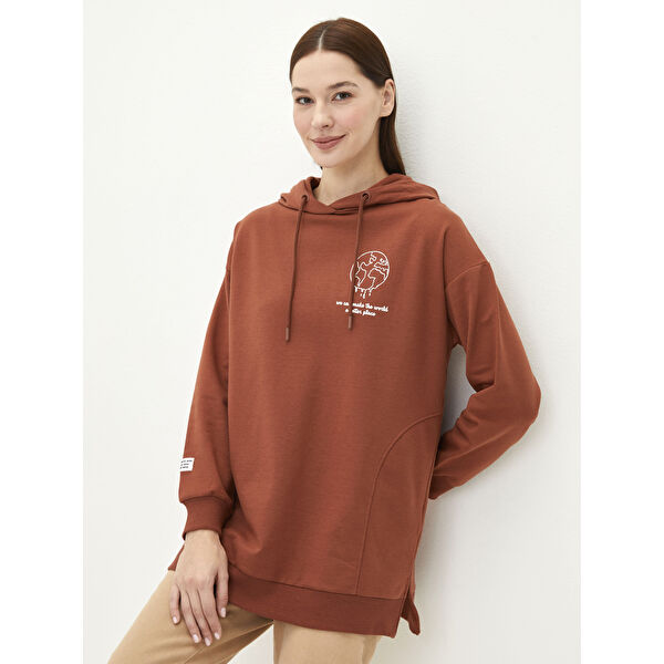 Kapüşonlu Baskılı Uzun Kollu Oversize Kadın Tunik