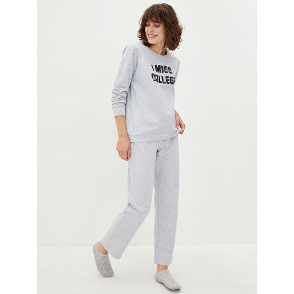 Bisiklet Yaka Slogan Baskılı Uzun Kollu Kadın Pijama Takımı