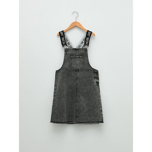 Kare Yaka Baskılı Askılı Kız Çocuk Jean Salopet Elbise