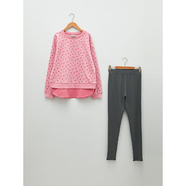 Bisiklet Yaka Baskılı Uzun Kollu Oversize Kız Çocuk Sweatshirt ve Tayt