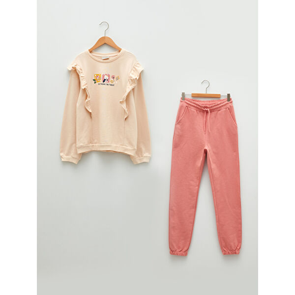 Bisiklet Yaka Baskılı Uzun Kollu Oversize Kız Çocuk Sweatshirt ve Tayt