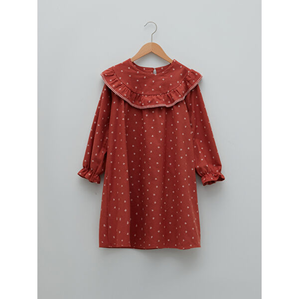 Bisiklet Yaka Baskılı Uzun Kollu Gabardin Kız Çocuk Elbise