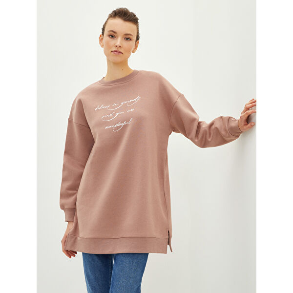 Bisiklet Yaka Yazı Baskılı Uzun Kollu Oversize Kadın Tunik