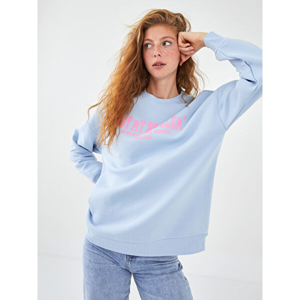 Bisiklet Yaka Slogan Baskılı Uzun Kollu Kadın Sweatshirt