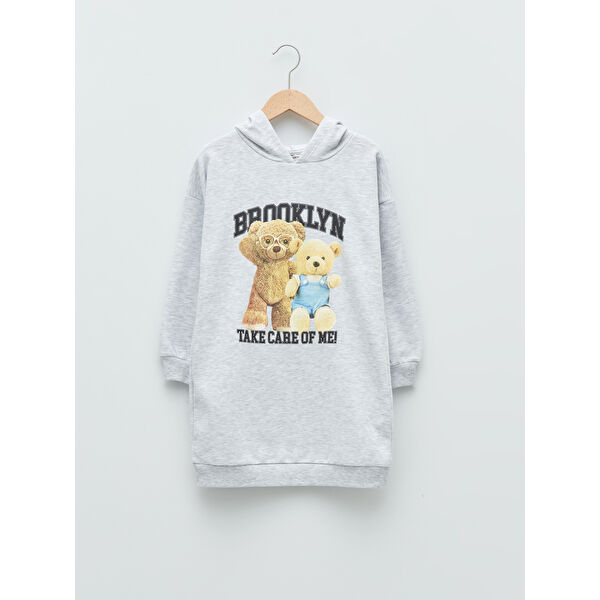 Kapüşonlu Baskılı Uzun Kollu Kız Çocuk Elbise