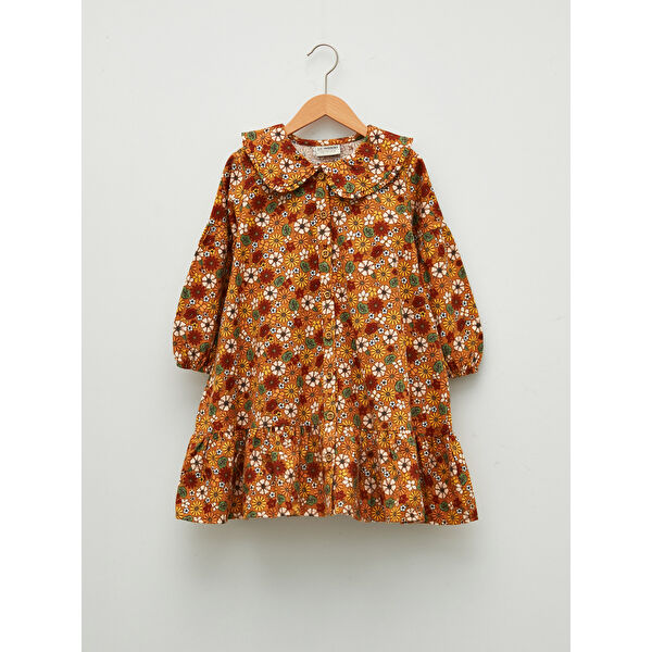 Bebe Yaka Desenli Uzun Kollu Gabardin Kız Çocuk Elbise