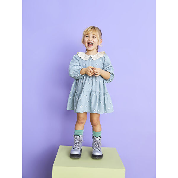 Bebe Yaka Uzun Kollu Desenli Gabardin Kız Bebek Elbise Bebe Yaka Uzun Kollu Desenli Gabardin Kız Bebek Elbise