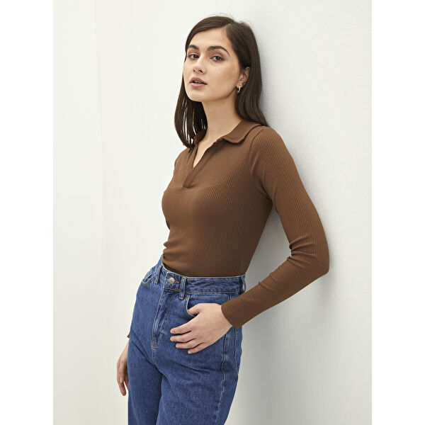 Polo Yaka Düz Uzun Kollu Kadın Tişört