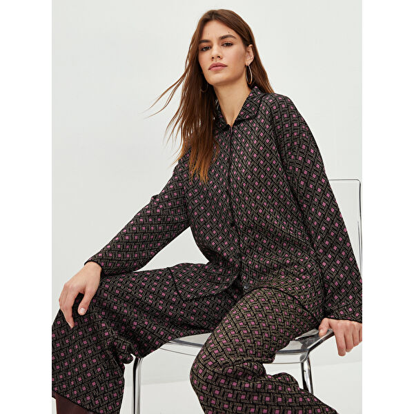 Polo Yaka Desenli Uzun Kollu Kadın Triko Hırka