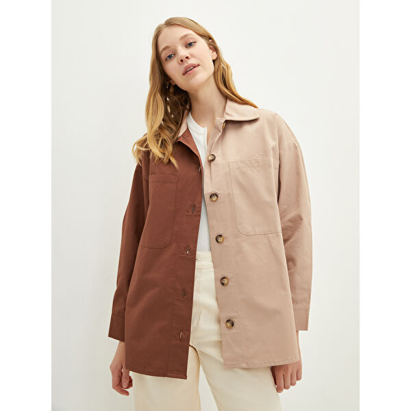 Önden Düğme Kapamalı Renk Bloklu Uzun Kollu Gabardin Kadın Gömlek