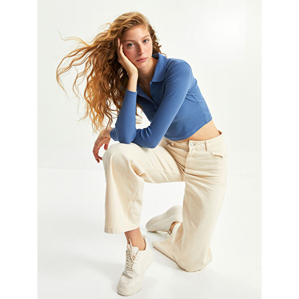 Polo Yaka Düz Uzun Kollu Kadın Tişört