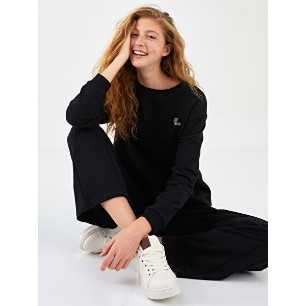 Bisiklet Yaka Slogan Baskılı Uzun Kollu Kadın Sweatshirt