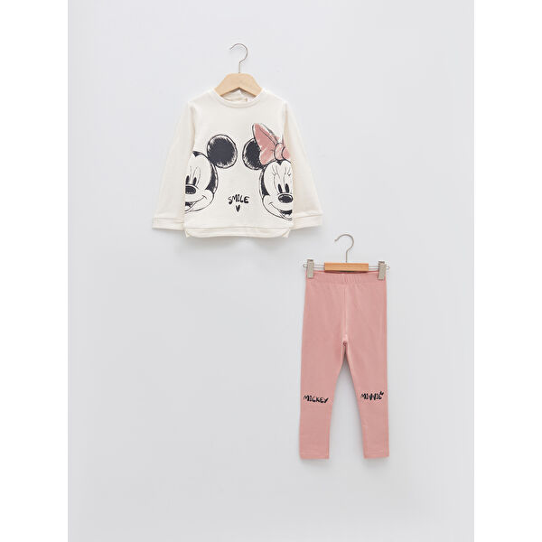 Bisiklet Yaka Uzun Kollu Minnie ve Mickey Mouse Baskılı Pamuklu Sweatshirt ve Tayt 2'li Takım Bisiklet Yaka Uzun Kollu Minnie ve Mickey Mouse Baskılı Pamuklu Sweatshirt ve Tayt 2'li Takım