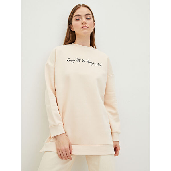 Bisiklet Yaka Yazı Baskılı Uzun Kollu Oversize Kadın Tunik