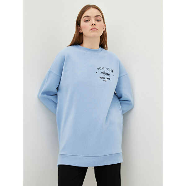 Bisiklet Yaka Yazı Baskılı Uzun Kollu Oversize Kadın Tunik