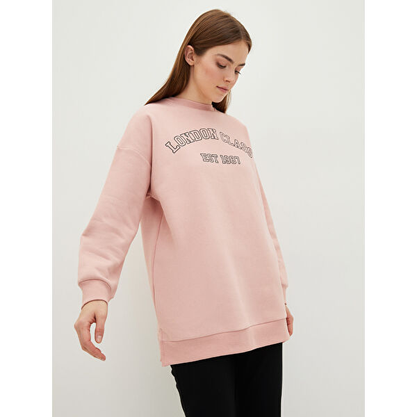 Bisiklet Yaka Yazı Baskılı Uzun Kollu Oversize Kadın Tunik