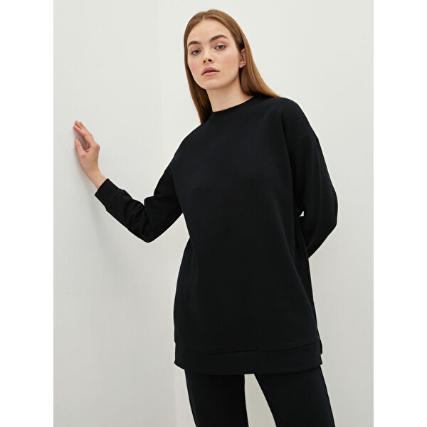 Bisiklet Yaka Düz Uzun Kollu Oversize Kadın Tunik