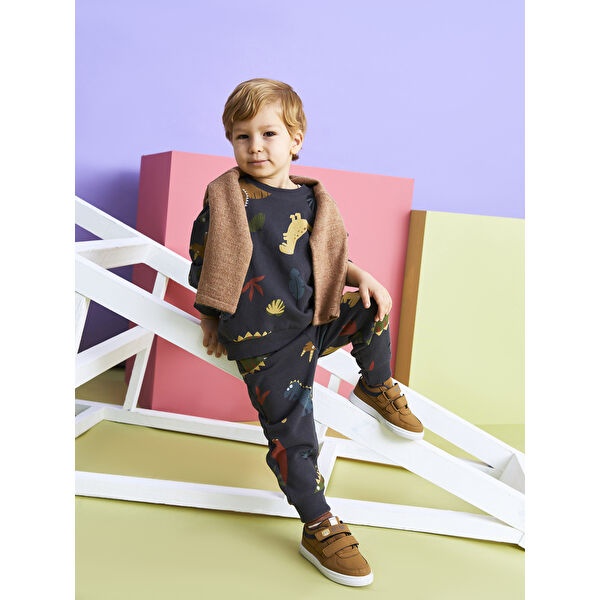 Bisiklet Yaka Uzun Kollu Baskılı Erkek Bebek Sweatshirt ve Pantolon 2'li Takım