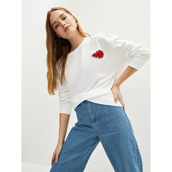 Bisiklet Yaka Nakışlı Uzun Kollu Kadın Sweatshirt