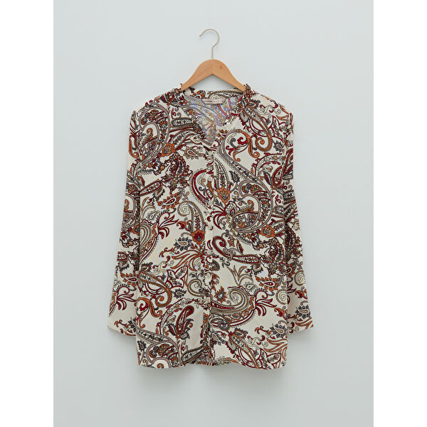 Kaçık Yaka Desenli Uzun Kollu Viskon Kadın Gömlek