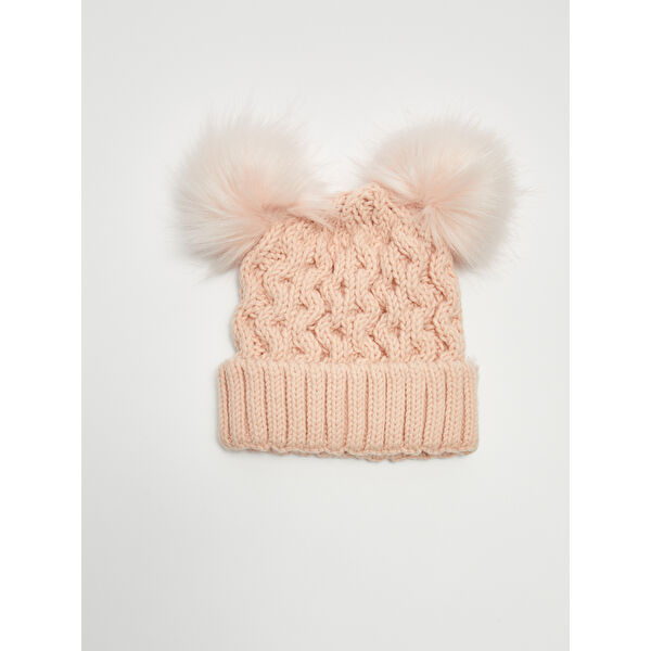 Kendinden Desenli Çift Ponponlu Kız Çocuk Triko Bere