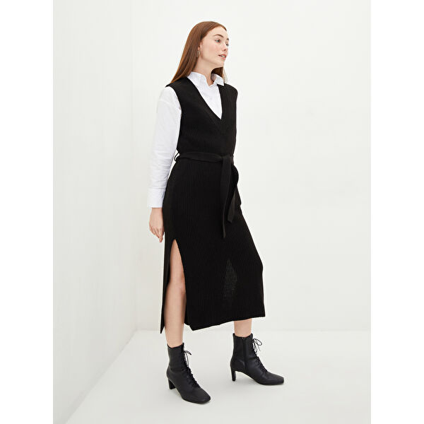 V Yaka Düz Kolsuz Kadın Triko Elbise V Yaka Düz Kolsuz Kadın Triko Elbise