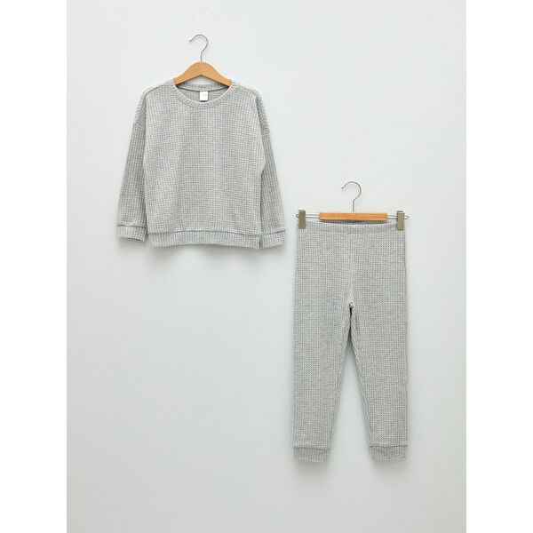 Bisiklet Yaka Kendinden Desenli Uzun Kollu Kız Çocuk Pijama Takımı