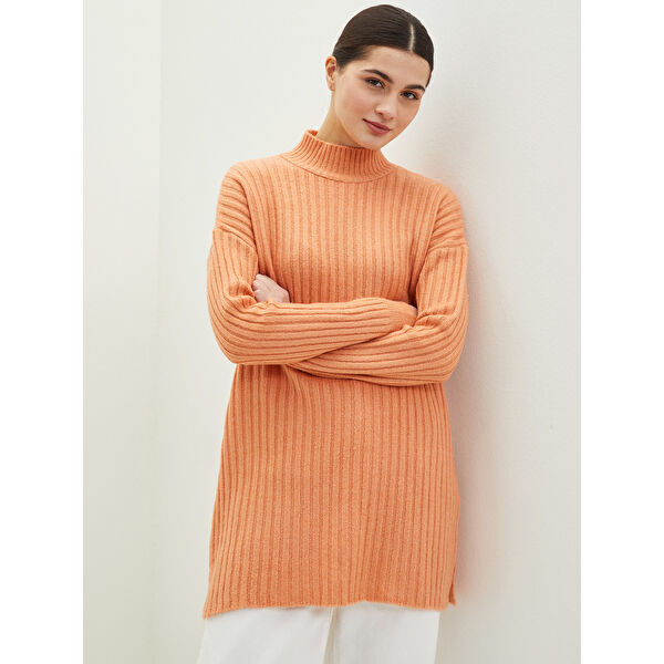 Yarım Balıkçı Yaka Düz Uzun Kollu Kadın Triko Tunik