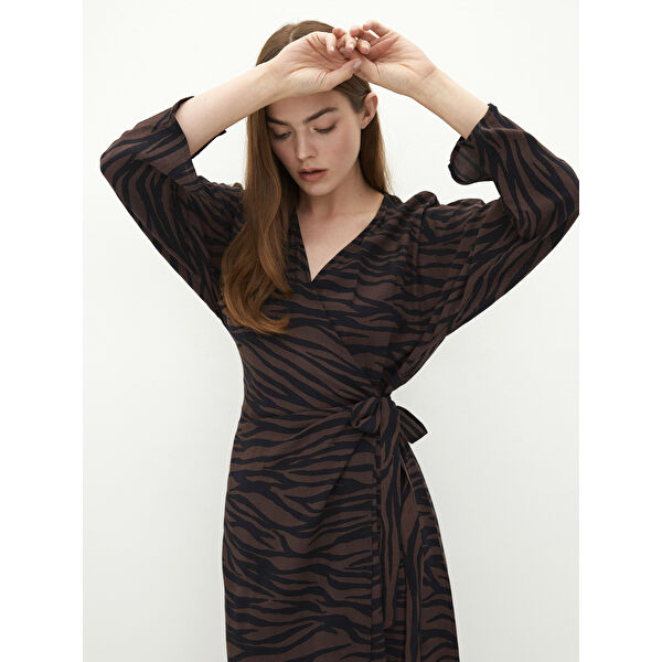 Kruvaze Yaka Desenli Uzun Kollu Viskon Kadın Elbise Kruvaze Yaka Desenli Uzun Kollu Viskon Kadın Elbise