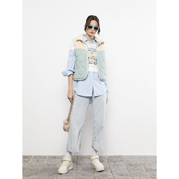 Dik Yaka Renk Bloklu Kadın Şişme Yelek