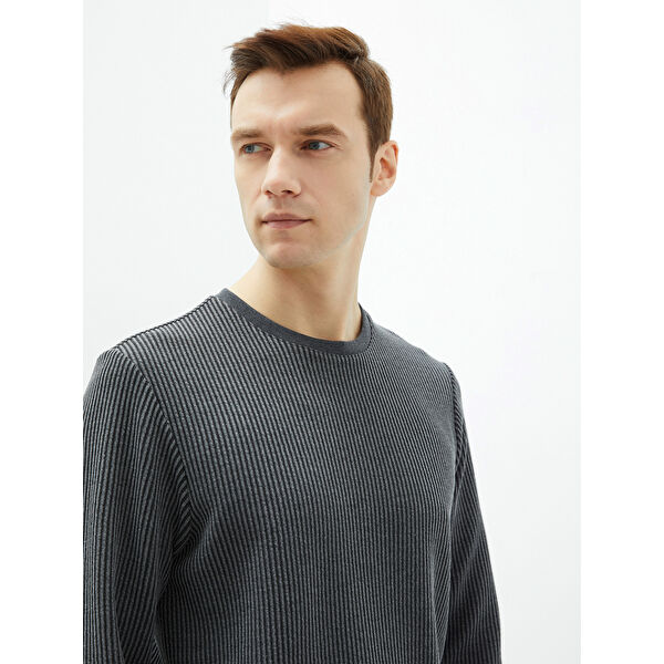 Bisiklet Yaka Uzun Kollu Çizgili Erkek Sweatshirt