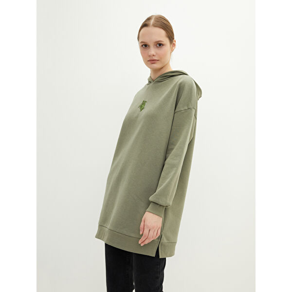Kapüşonlu Nakışlı Uzun Kollu Kadın Tunik