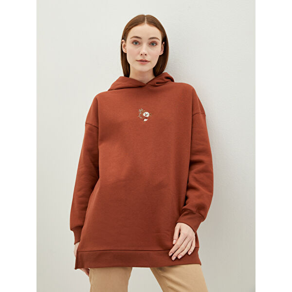 Kapüşonlu Nakışlı Uzun Kollu Oversize Kadın Tunik