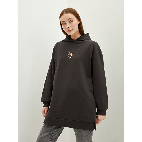 Kapüşonlu Nakışlı Uzun Kollu Oversize Kadın Tunik