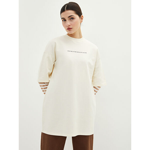 Bisiklet Yaka Yazı Baskılı Uzun Kollu Pamuklu Kadın Tunik