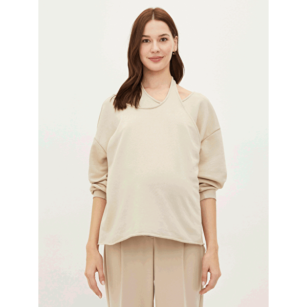 Bisiklet Yaka Düz Uzun Kollu Emzirme Özellikli Hamile Sweatshirt