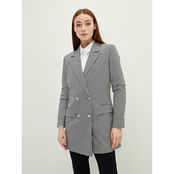 Önden Düğme Kapamalı Kazayağı Desenli Cep Detaylı Uzun Kollu Kadın Ceket