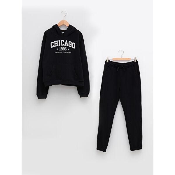 Kapüşonlu Baskılı Uzun Kollu Oversize Kız Çocuk Sweatshirt ve Eşofman Altı