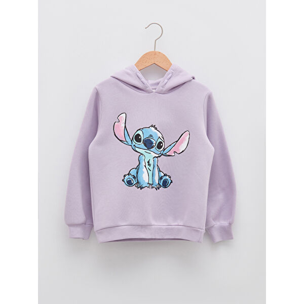 Kapüşonlu Lilo ve Stitch Baskılı Uzun Kollu Kız Çocuk Sweatshirt