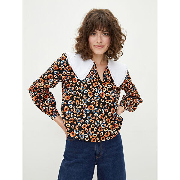 Bebe Yaka Çiçekli Uzun Kollu Poplin Kadın Bluz Bebe Yaka Çiçekli Uzun Kollu Poplin Kadın Bluz