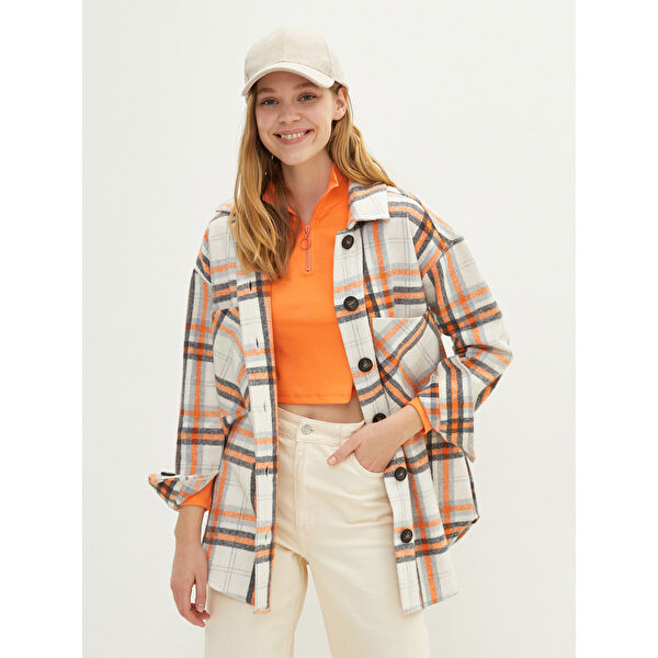 Önden Düğme Kapamalı Ekose Uzun Kollu Gabardin Kumaş Kadın Gömlek Ceket